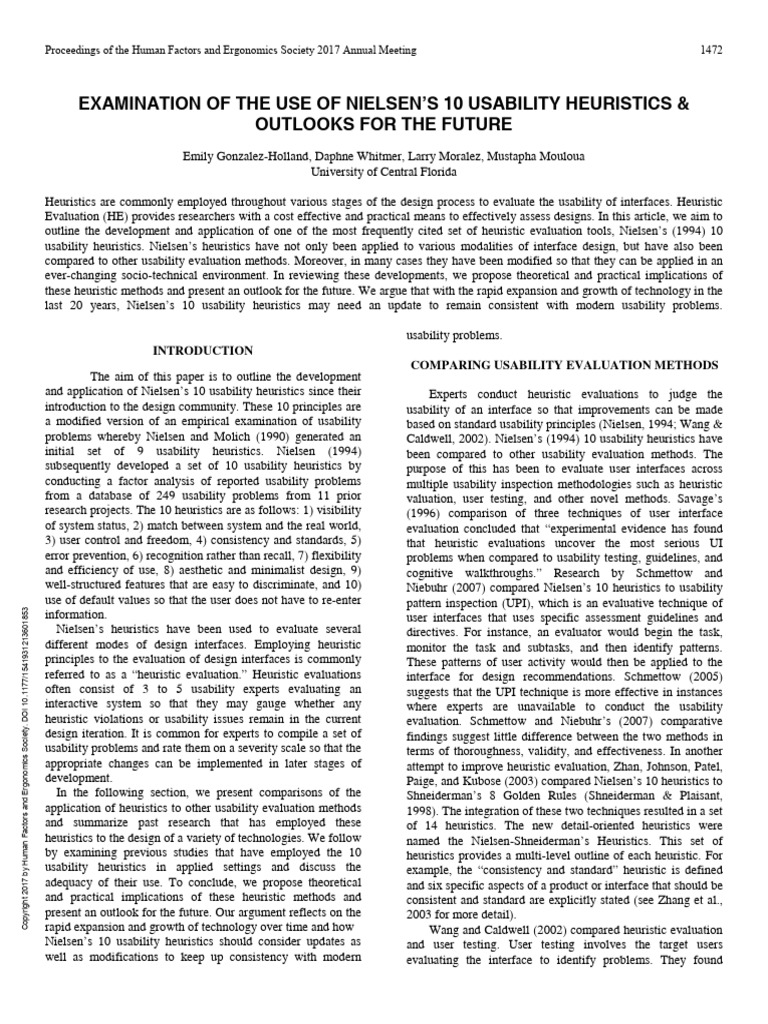 2017 Examination of The Use of Nielsen's 10 Usability Heuristics & Outlooks For The Future | PDF ...