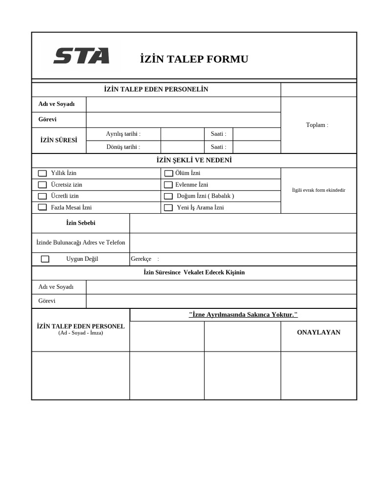 İzi̇n Formu Sta | PDF