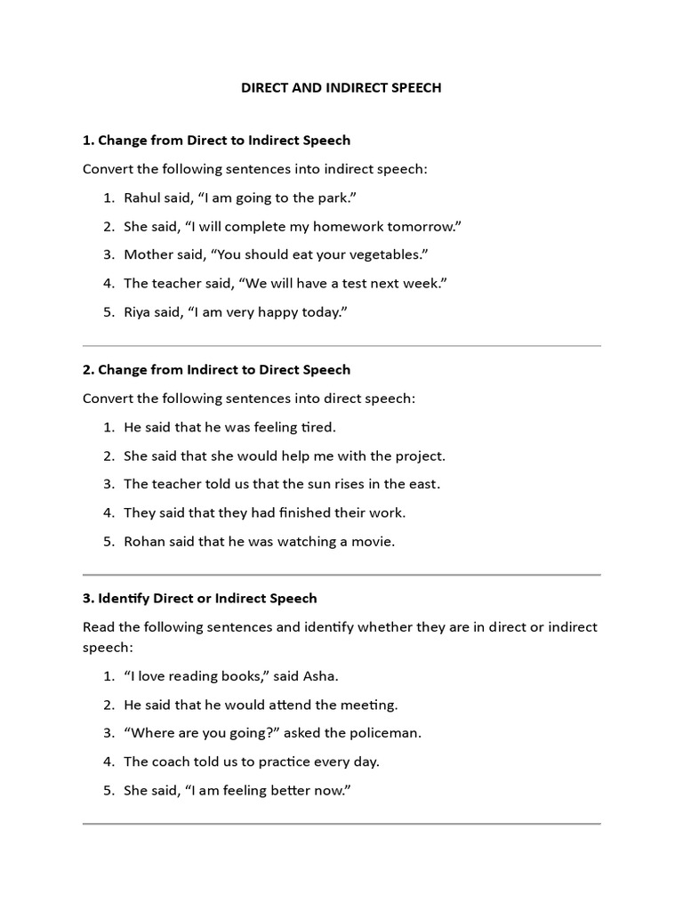 Direct and Indirect Speech Exercises | PDF