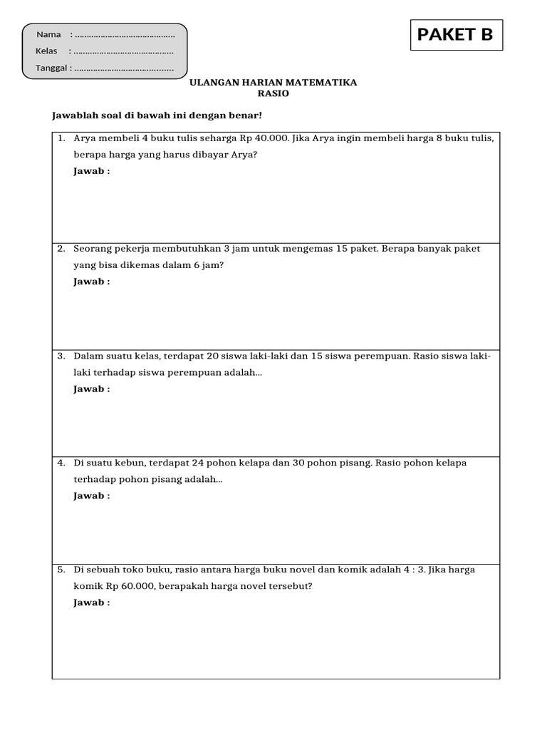ULANGAN HARIAN MATEMATIKA (Rasio) Paket B | PDF