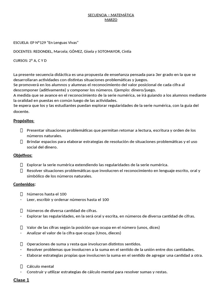 SECUENCIA Marzo Matemática 2° | PDF | Enseñando | Escritura