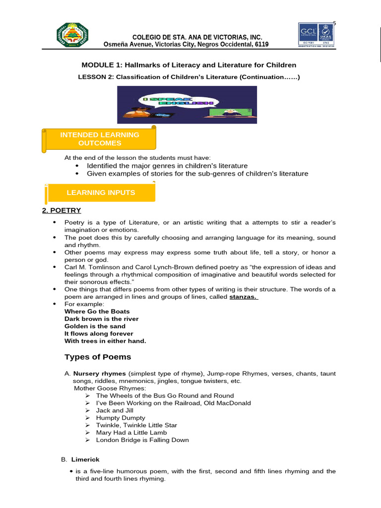 Lesson 2 (part 2) Classification of Children's Literature | PDF | Poetry | Poetics