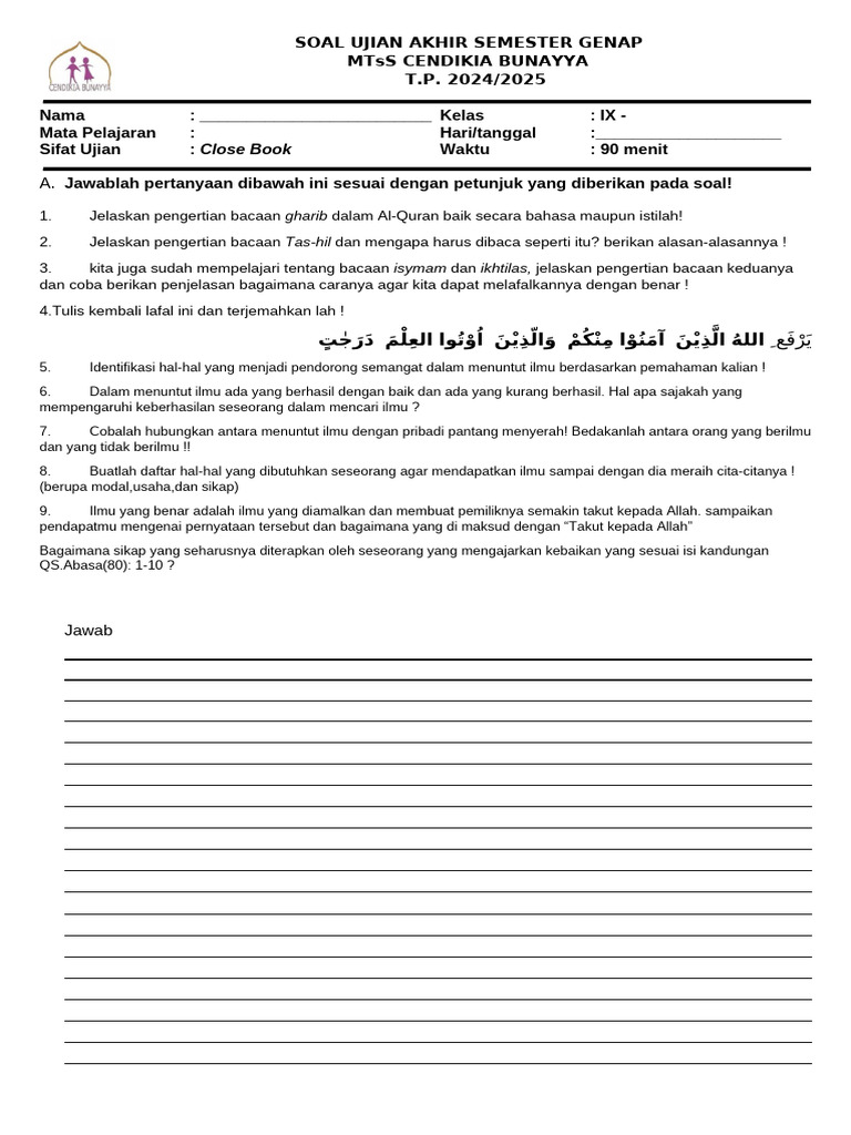 SOAL UAS GENAP MTS KELAS IX (Seluruh Mapel) | PDF