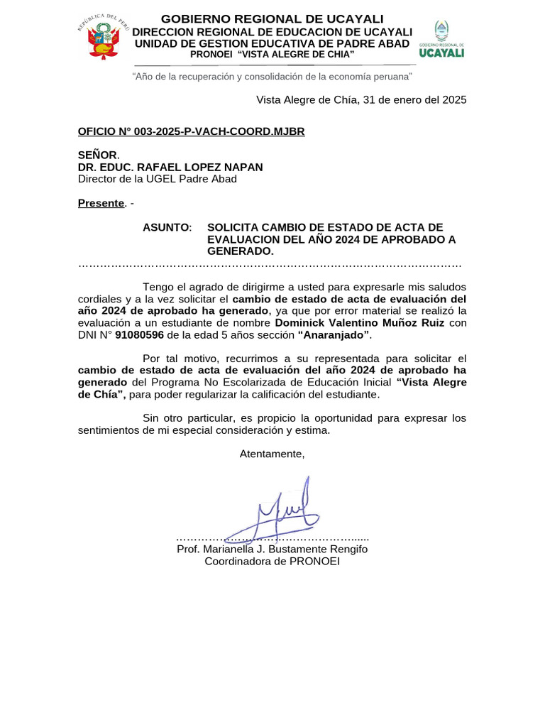 Oficio #003-2025 Solicita Cambio de Estado de Acta de Evaluacion Del Año 2024 de Aprobado A ...