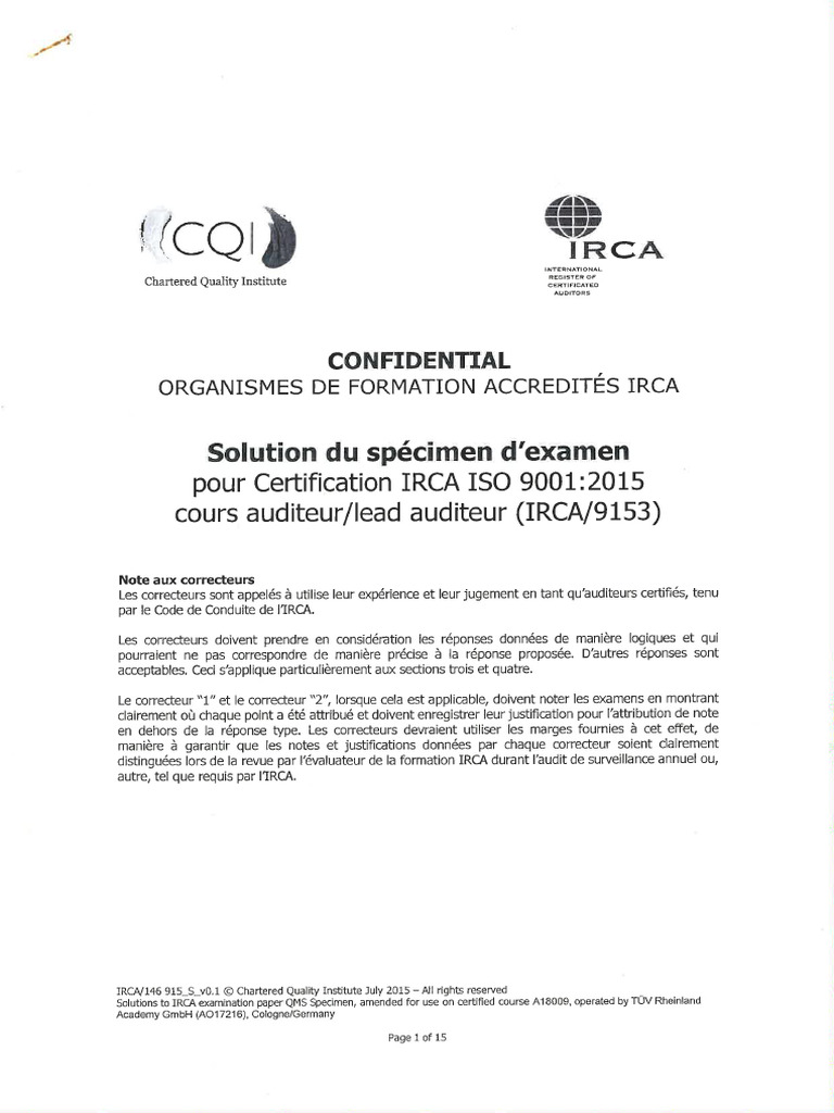 Examen Irca Iso 9001 | PDF