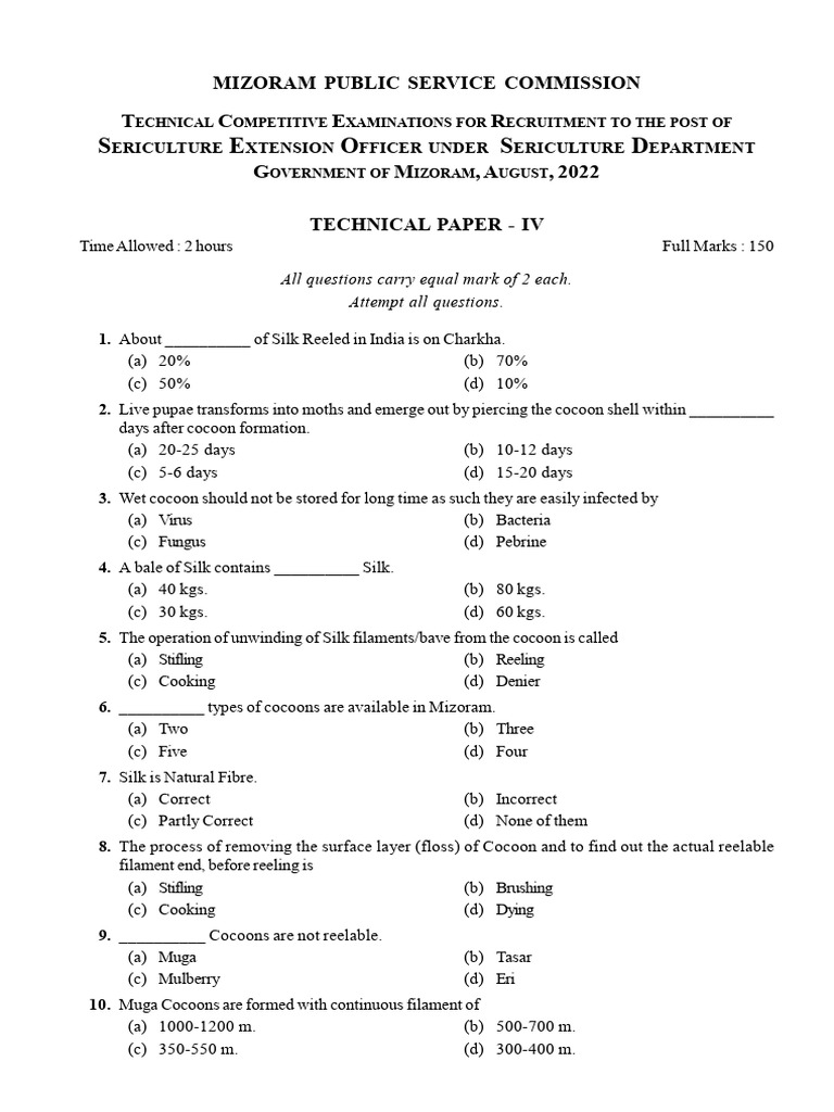 SEO Under Sericulture Deptt 2022 Technical Paper IV | PDF | Silk | Pupa