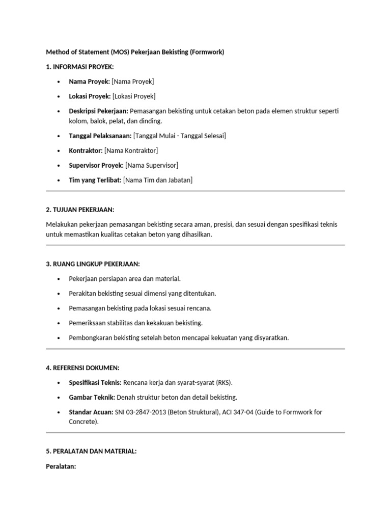 Method of Statement (MOS) Pekerjaan Bekisting (Formwork) | PDF