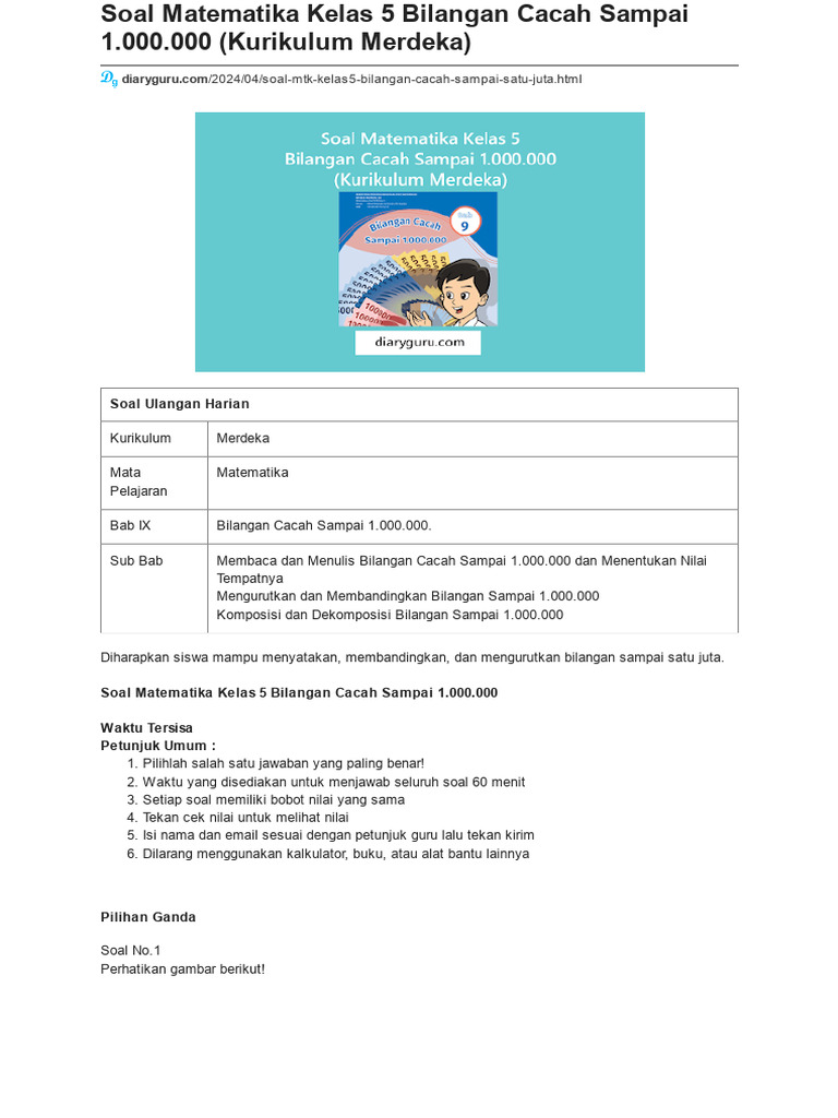 Soal Matematika Kelas 5 Bilangan Cacah Sampai 1.000.000 (Kurikulum Merdeka) | PDF