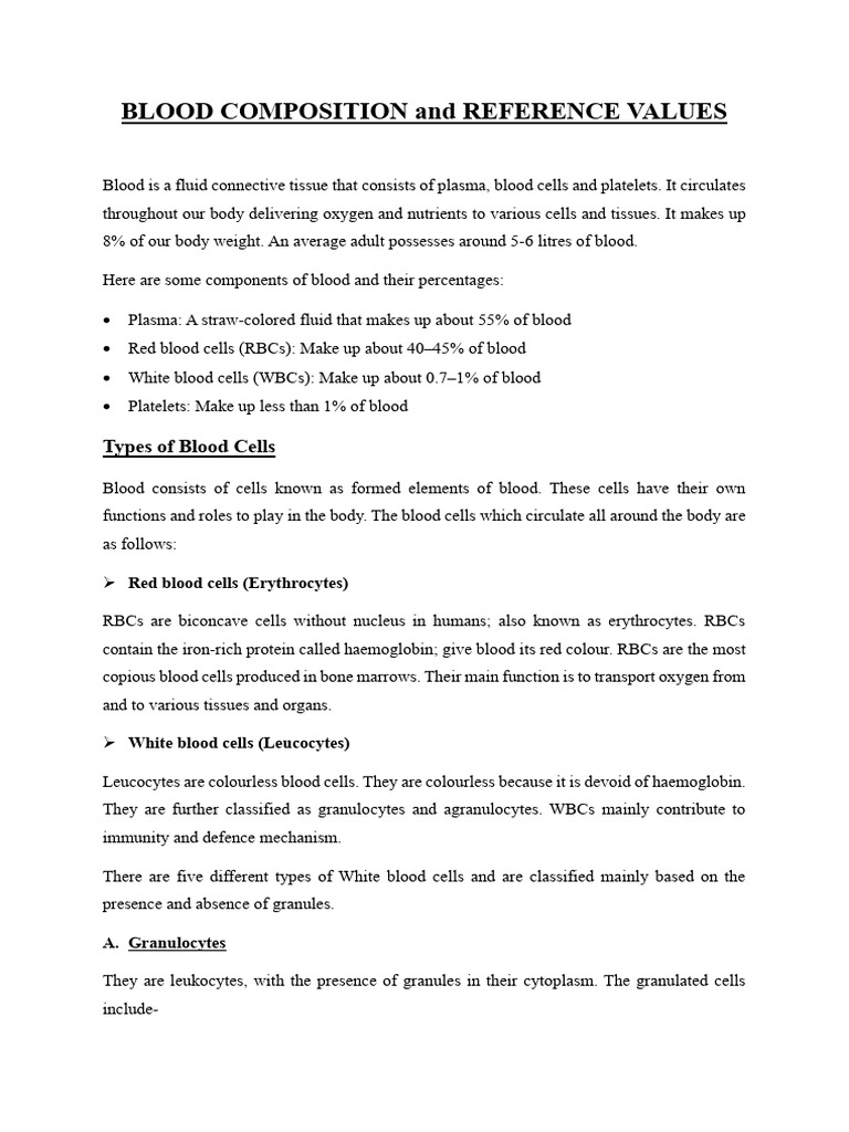 BLOOD COMPOSITION and REFERENCE VALUES | PDF | White Blood Cell | Blood ...
