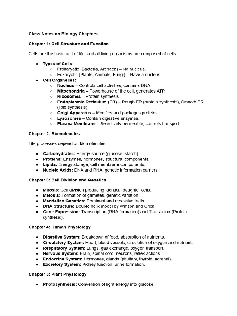 Class Notes On Biology Chapters | PDF | Cell (Biology) | Endoplasmic ...