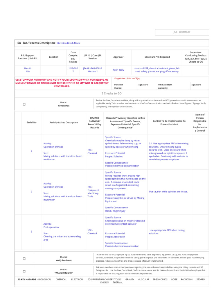 Print JSA - Risk Management Process Hamilton Beach | PDF | Personal ...