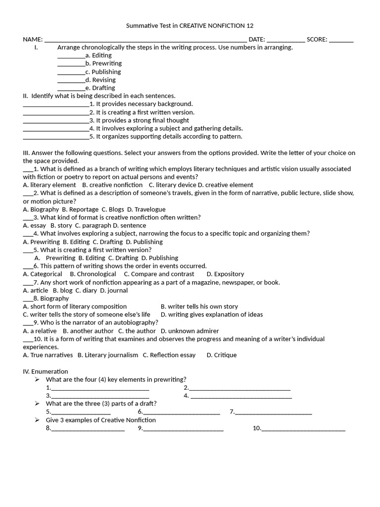 Summative Test in CREATIVE NONFICTION 12 | PDF | Creative Nonfiction ...