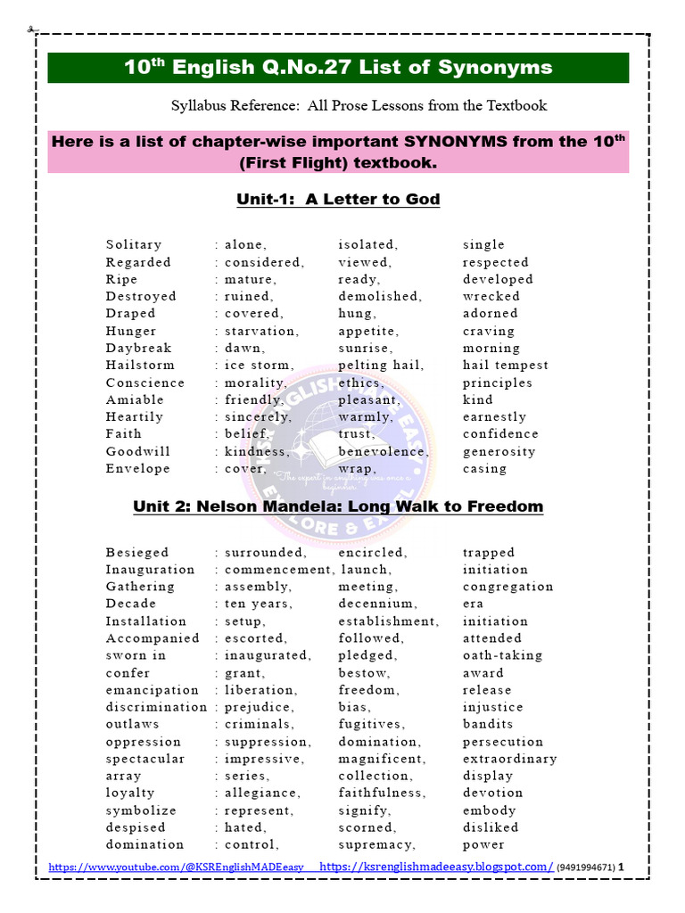 10th Grade English Synonyms List | PDF