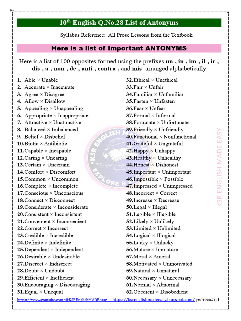 Chaduvu - 10 - ENG - Grammar - Q.no. 28 Antonyms by KSR Sir | PDF | Virtue