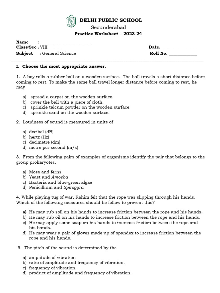 Class 8 - Sci - Revision Practice Worksheet - 2023-24 | PDF | Force ...