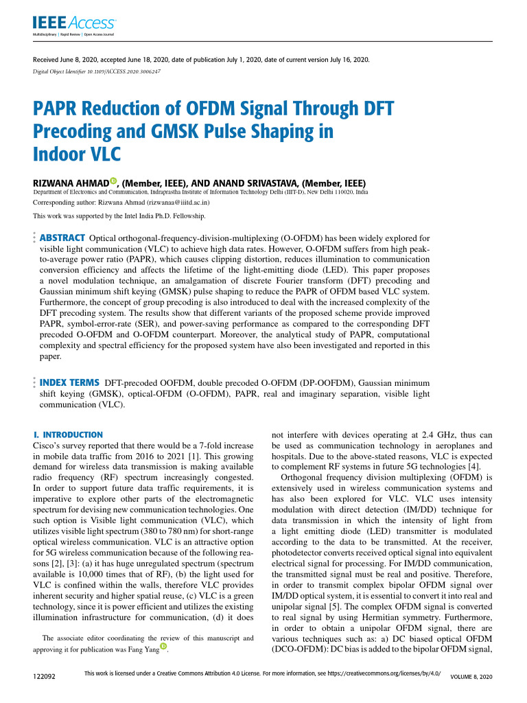 PAPR Reduction of OFDM Signal Through DFT Precoding and GMSK Pulse Shaping in Indoor VLC | PDF ...