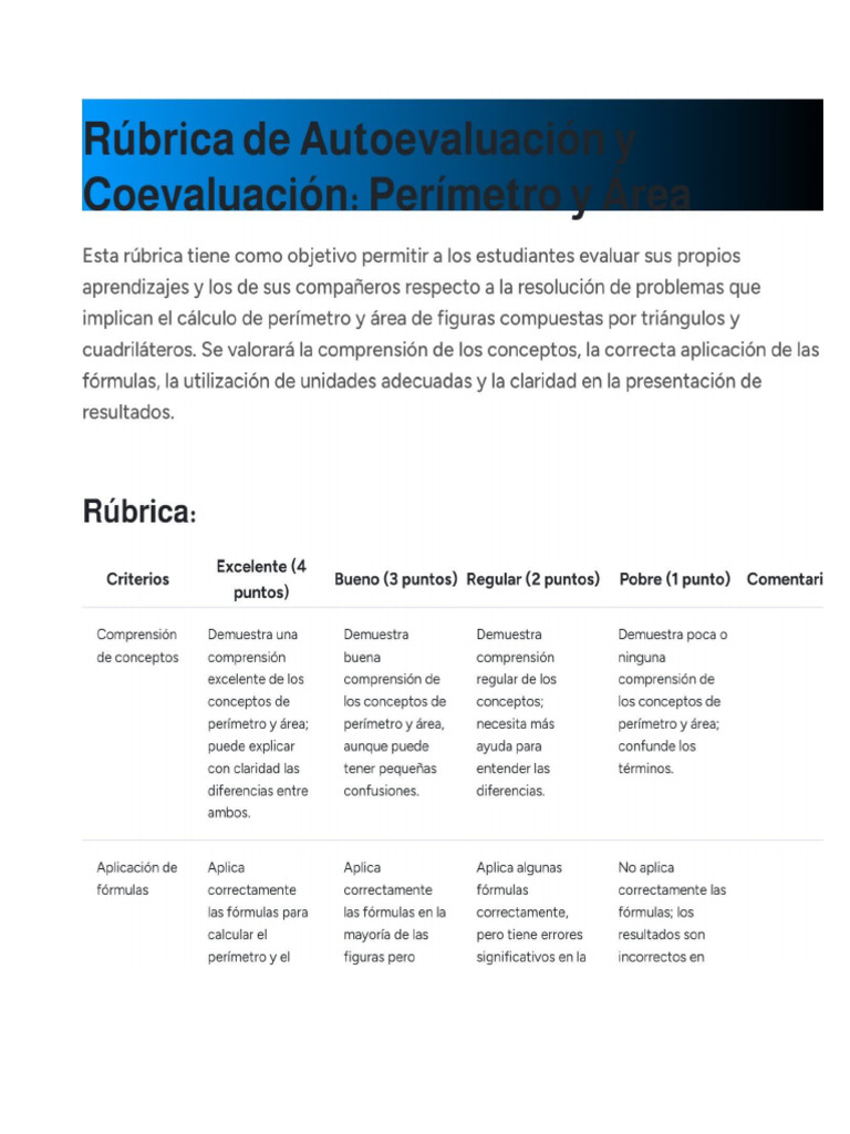 Rúbrica de Autoevaluación Y Coevaluación - Perímetro Y Área | PDF