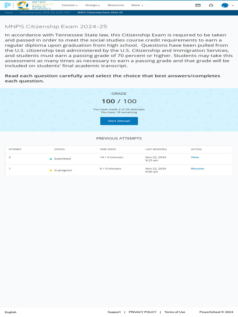 MNPS Citizenship Exam 2024-25 Schoology | PDF