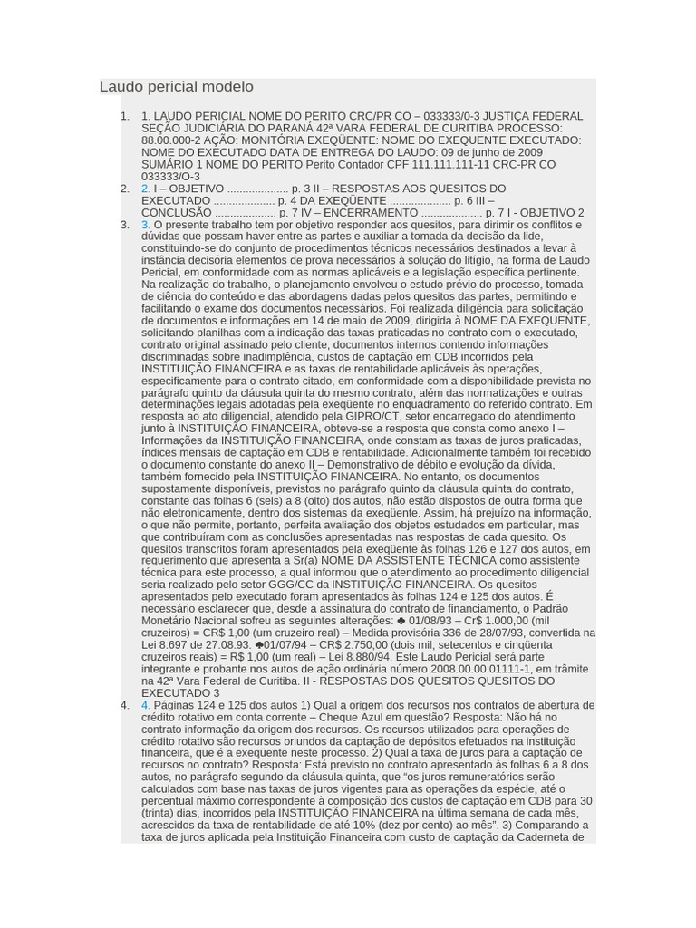 Laudo Pericial Modelo | PDF | Juros | Conta de transação