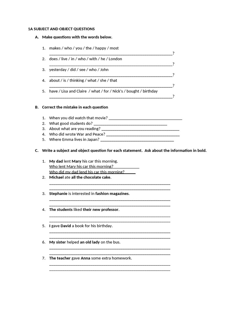 Subject and Object Question Exercises | PDF