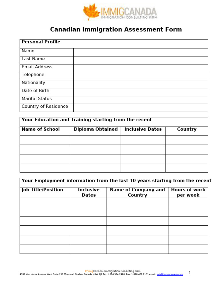 Canadian Immigration Assessment Form | PDF