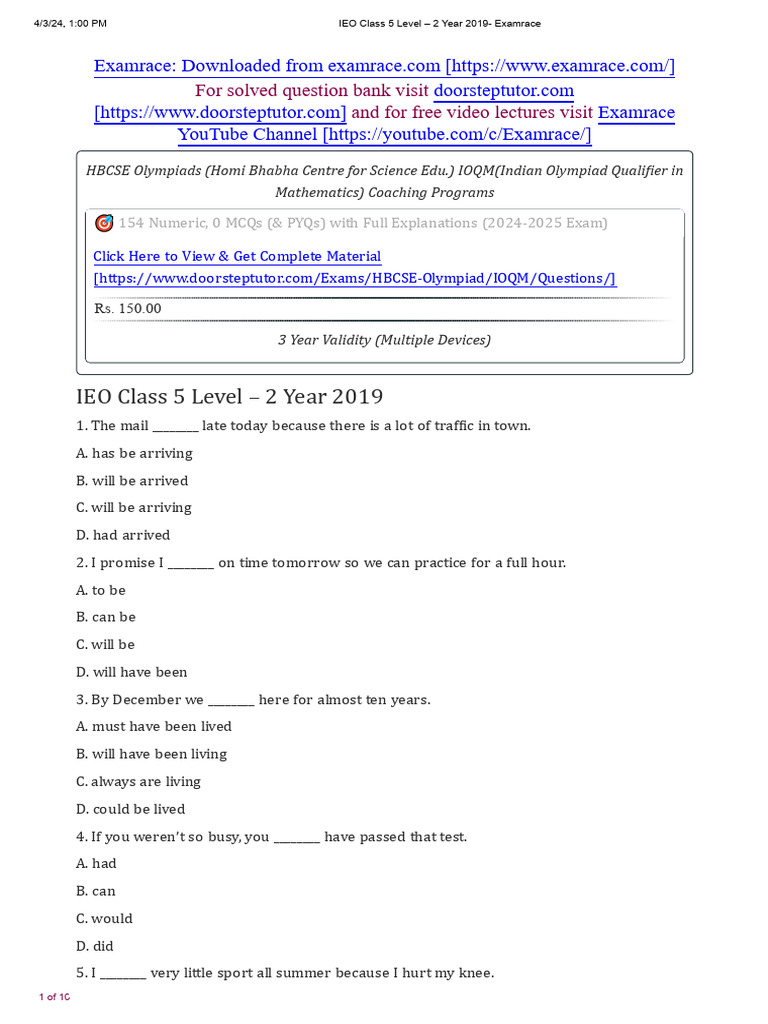 IEO Class 5 Level Exam Questions 2019 | PDF