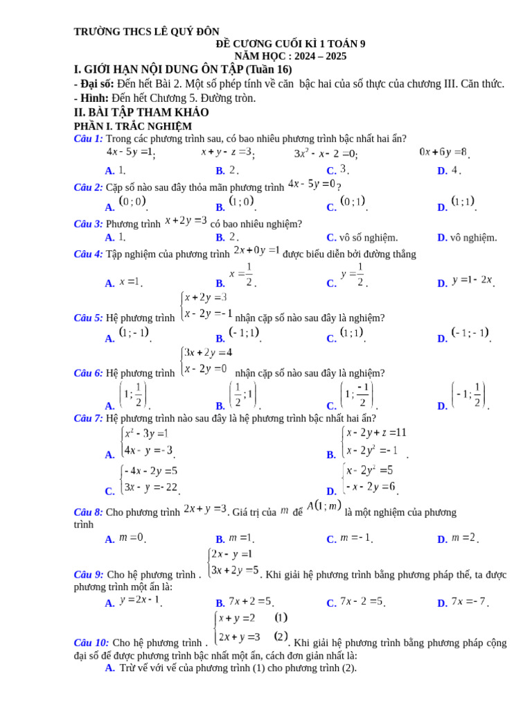 ĐỀ CƯƠNG TOÁN 9 CKI - TRƯỜNG THCS LÊ QUÝ ĐÔN | PDF