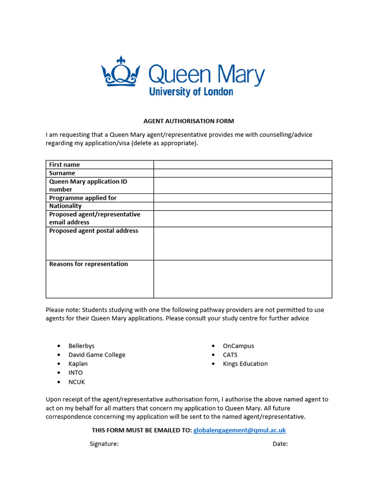 QMUL Agent Authorisation Form 2022 V3 | PDF