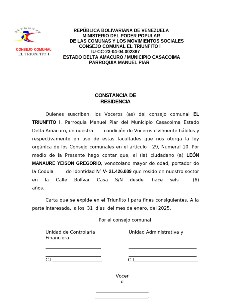 Carta de Residencia Yeison | PDF