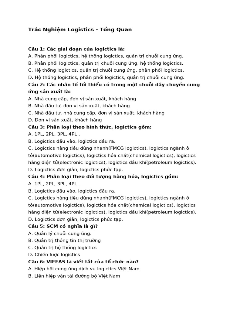 Tracnghiemlogistics Cauhoi | PDF