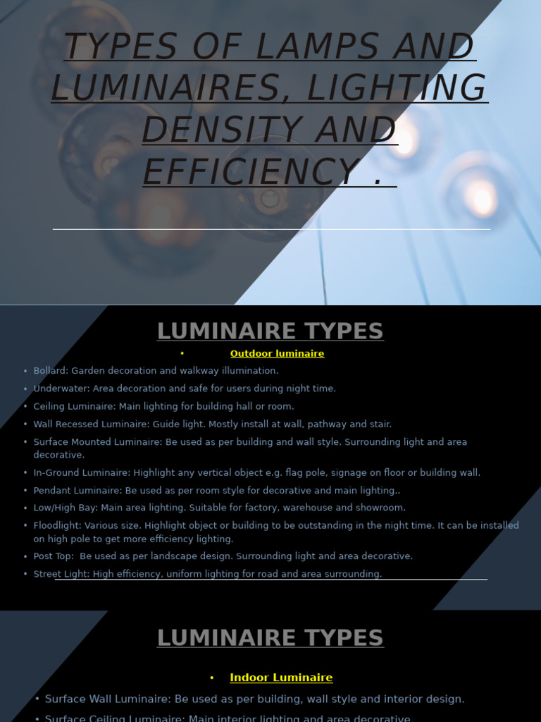 Types of Lamps and Luminaires Final | PDF | Compact Fluorescent Lamp | Lighting