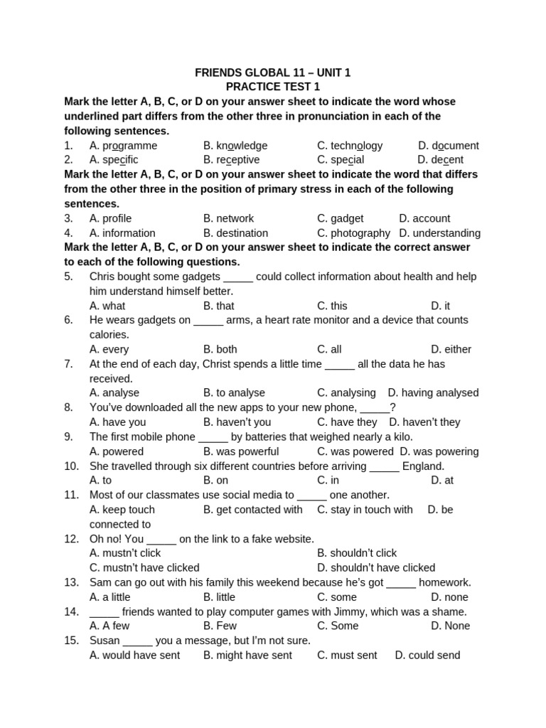 Friends Global 11 Unit 1 Practice Test | PDF | Contact Lens | Benjamin ...
