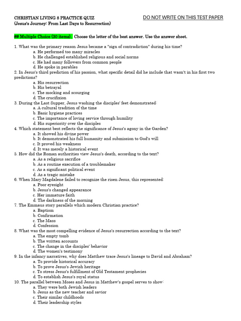 Christian Living Quiz: Jesus's Journey | PDF | Jesus | Resurrection Of ...