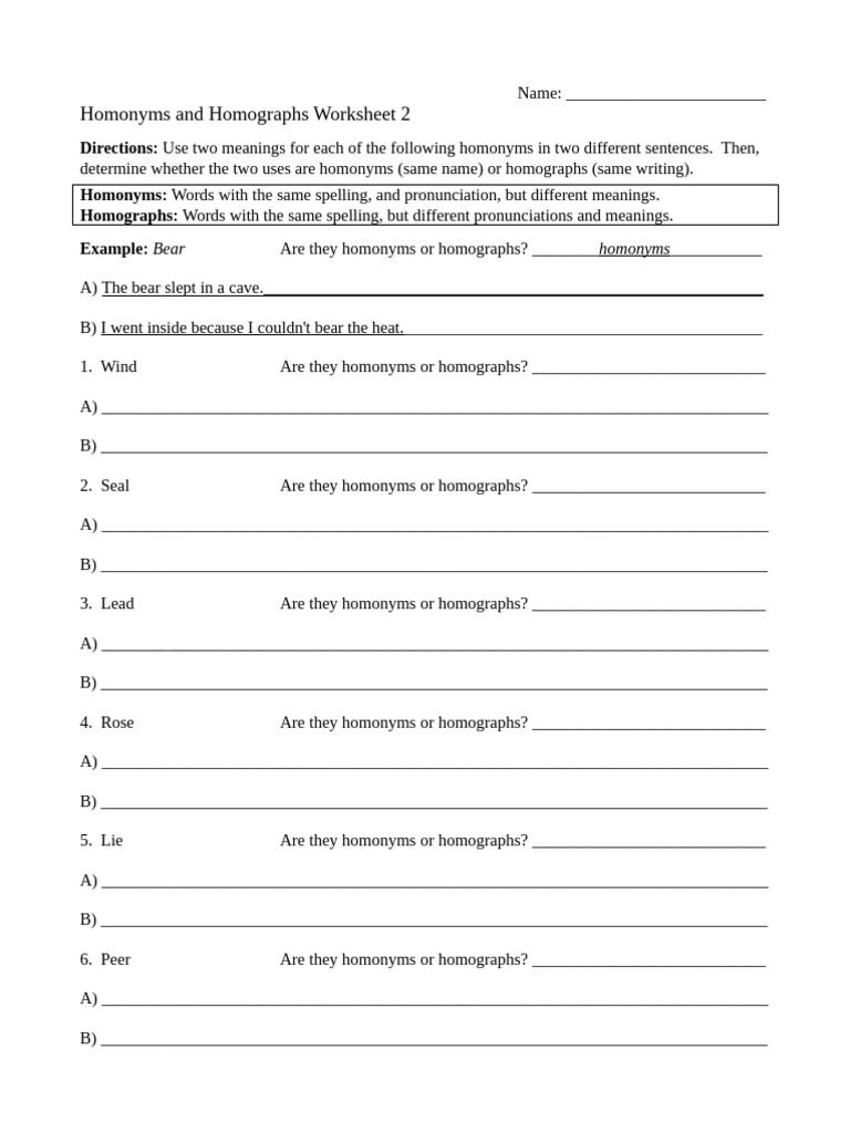 Homonyms and Homographs Worksheet 2 | PDF