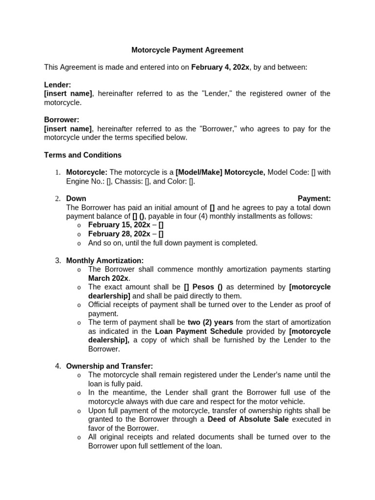 Motorcycle Payment Agreement Sample | PDF | Loans | Payments
