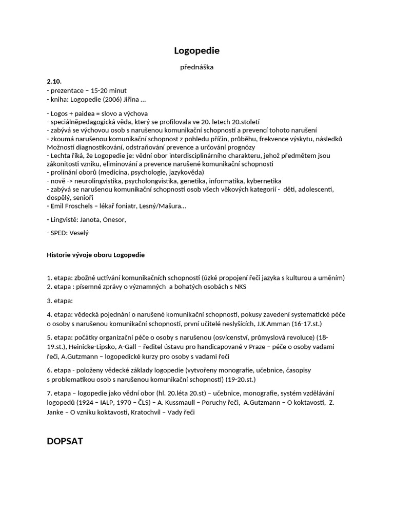 Vypisky Z Prednasek Logopedie M Kotvova | PDF
