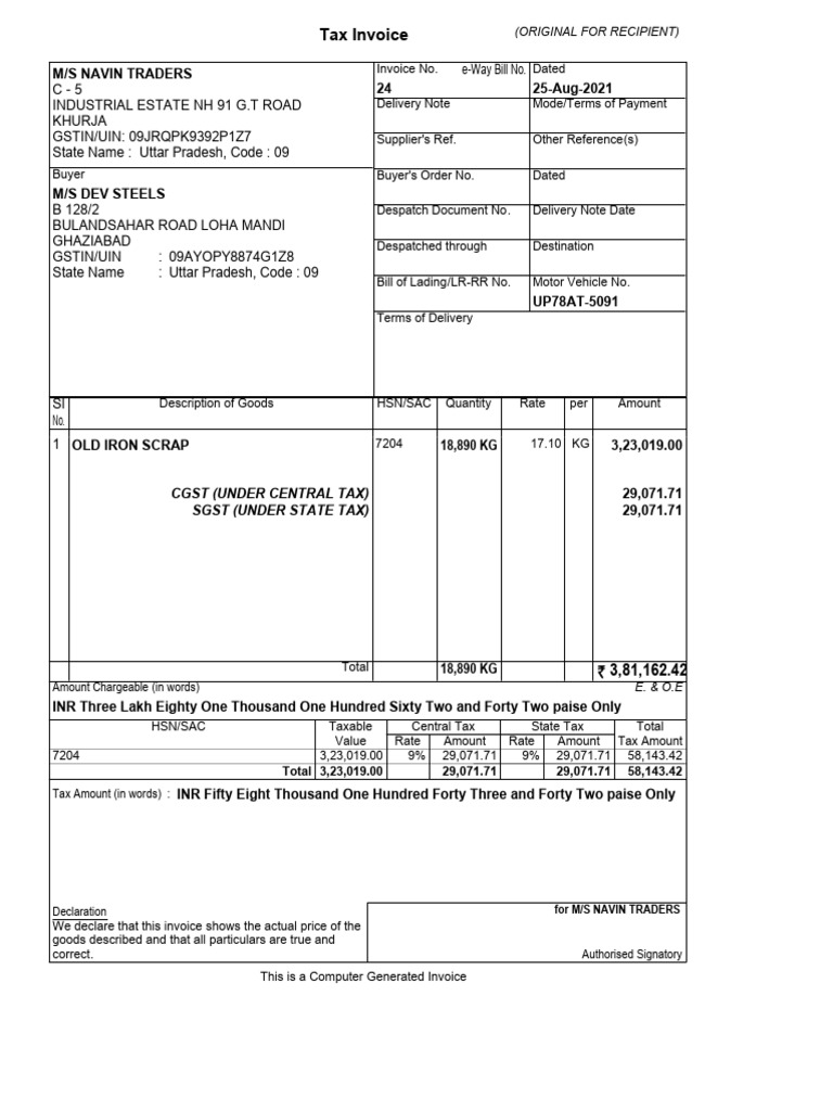 Tax Invoice for Old Iron Scrap Sale | PDF | Invoice | Taxes
