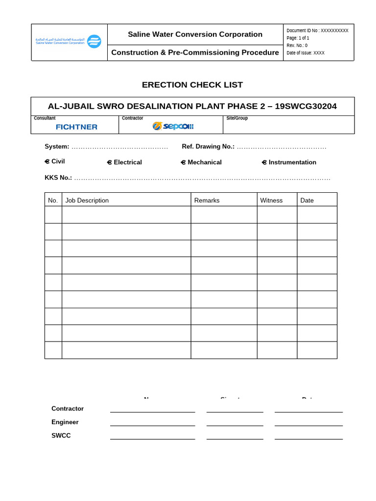 8-J2SWCRO - Erection CHECKLIST | PDF