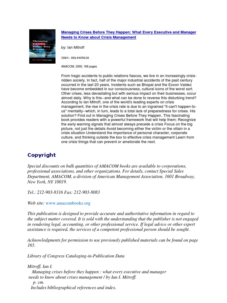 Managing Crises Before They Happen What Every Executive And Manager