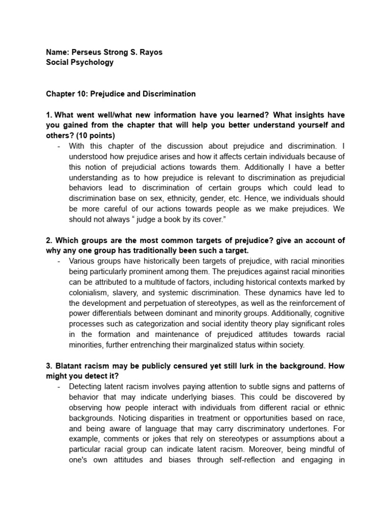 Chapter 10 Soc Psy | PDF | Prejudices | Discrimination & Race Relations