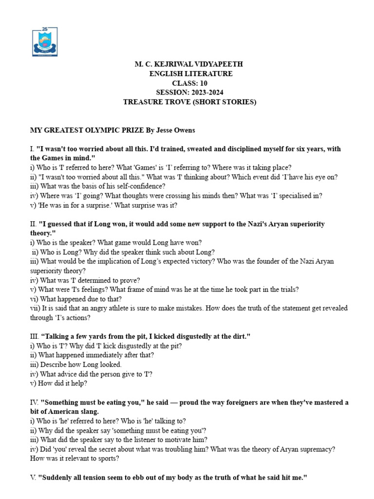 SHORT STORIES (My Greatest Olympic Prize, All Summer in A Day) | PDF