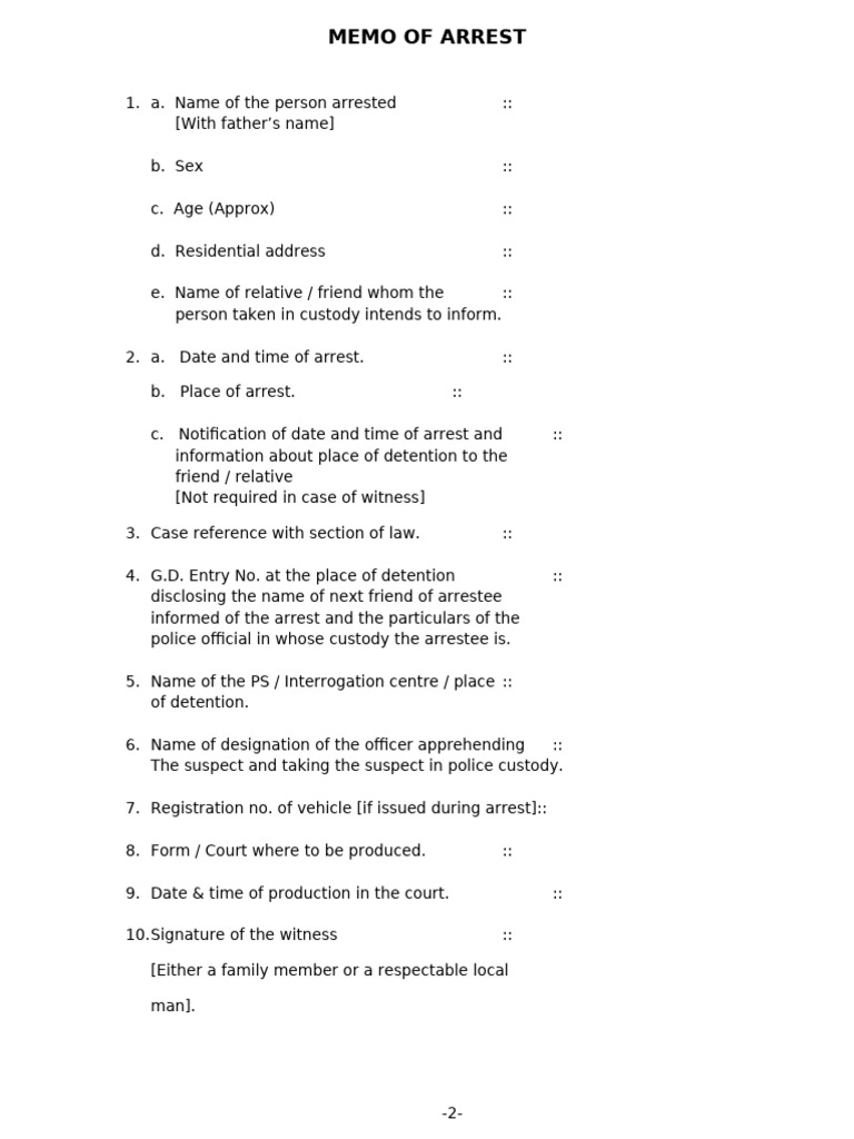 Form For MEMO OF ARREST | PDF