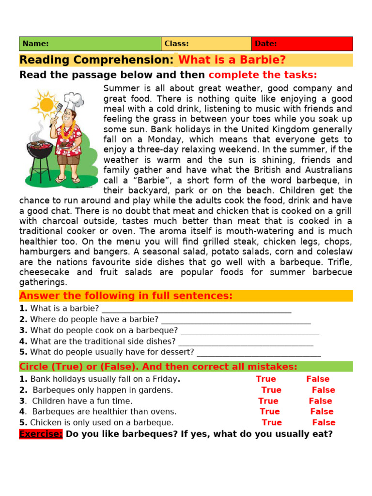 Reading Comprehension What is a Barbie Reading Comprehension Exercises ...