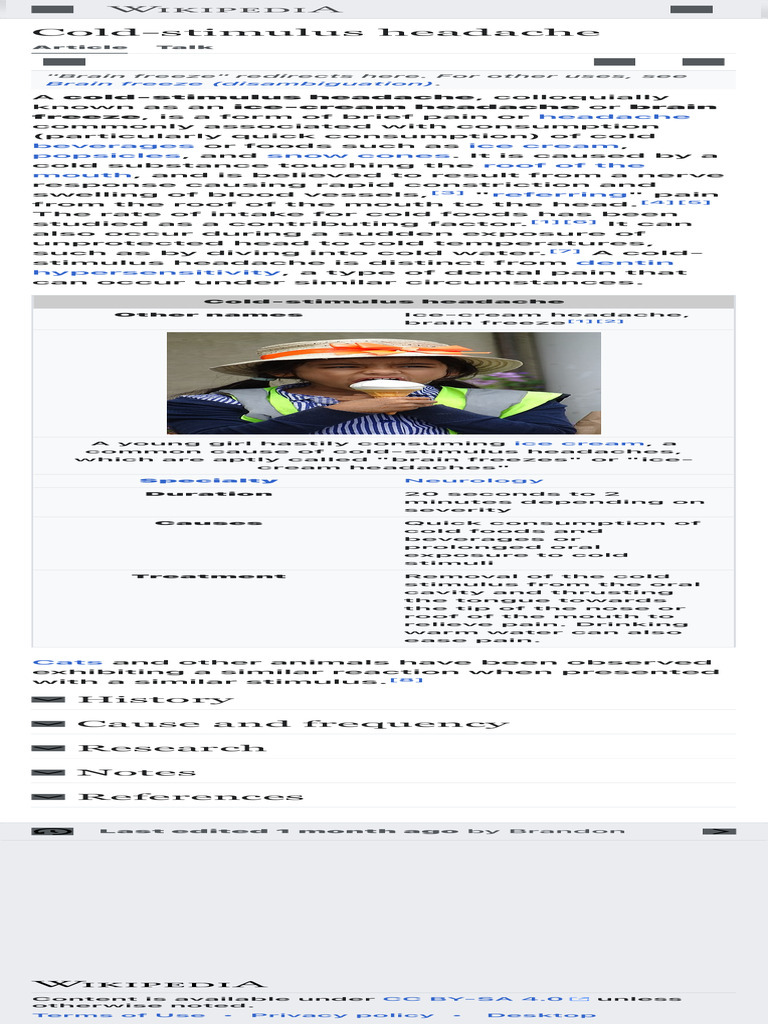 Cold-Stimulus Headache - Wikipedia | PDF
