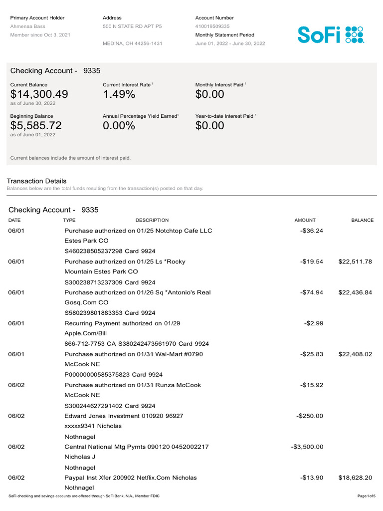SoFi Bank Monthly Statement - June 2022 | PDF | Banks | Interest
