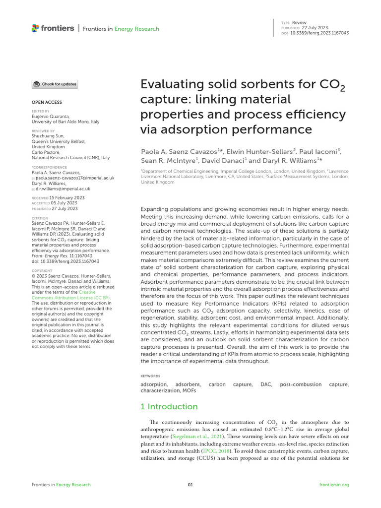 Solid Sorbents for CO2 Capture Evaluation | PDF | Adsorption | Carbon ...