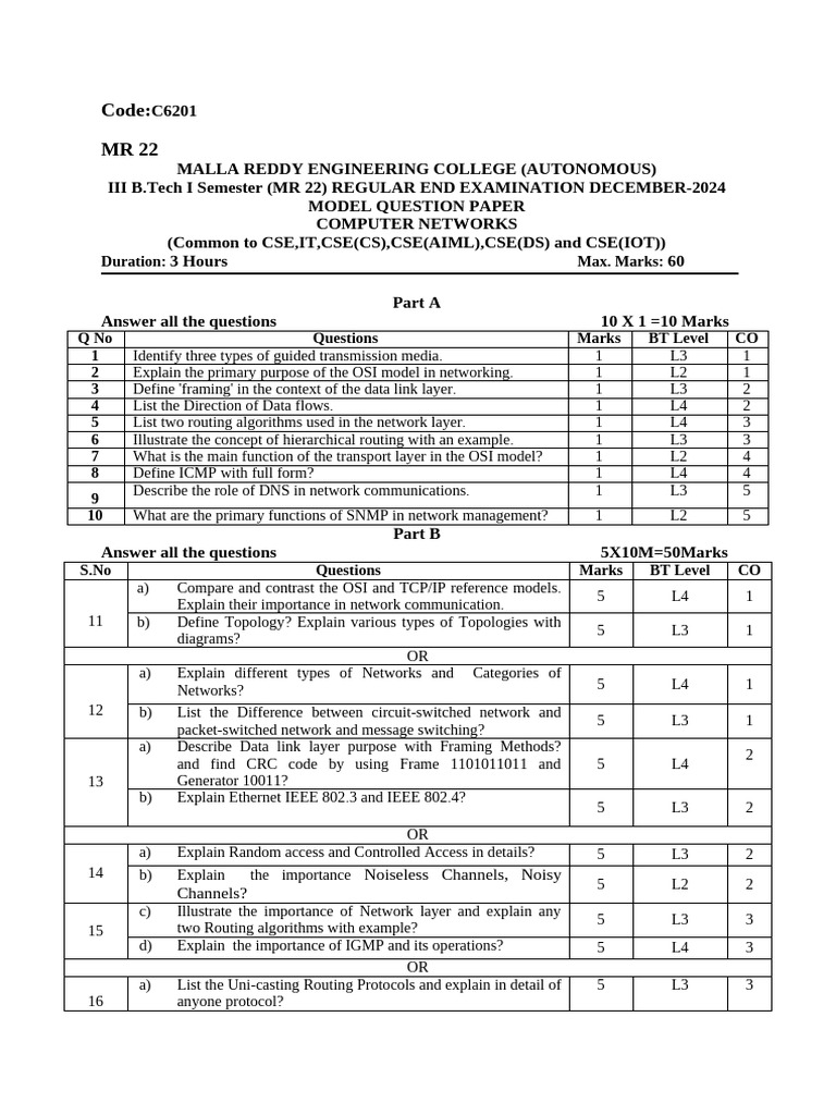 CN Model Paper | PDF | Computer Network | Osi Model