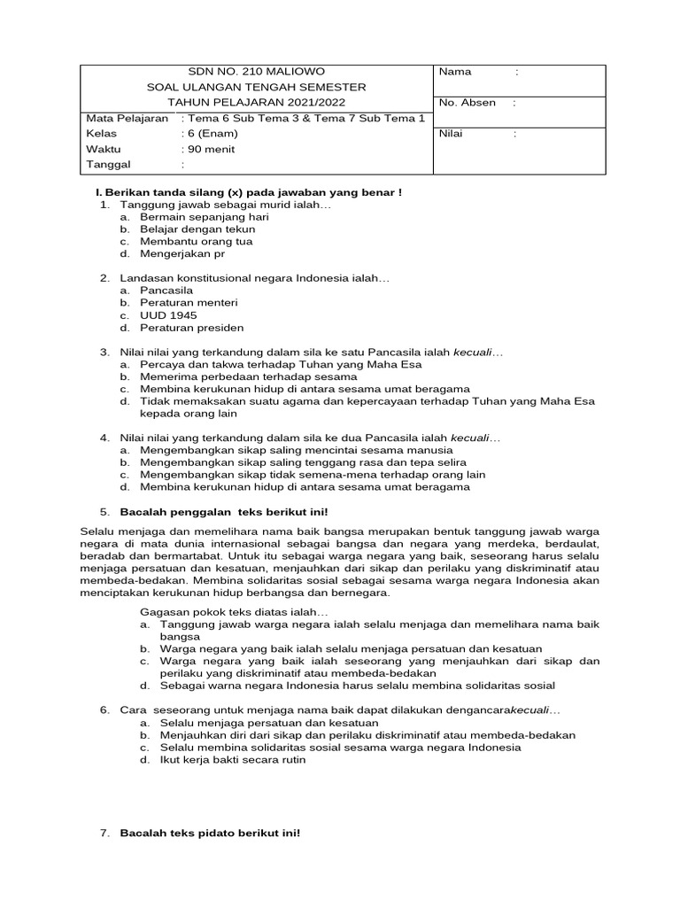 PTS Kelas 6B Tema 6 Sub 3 Dan Tema 7 Sub 1 | PDF