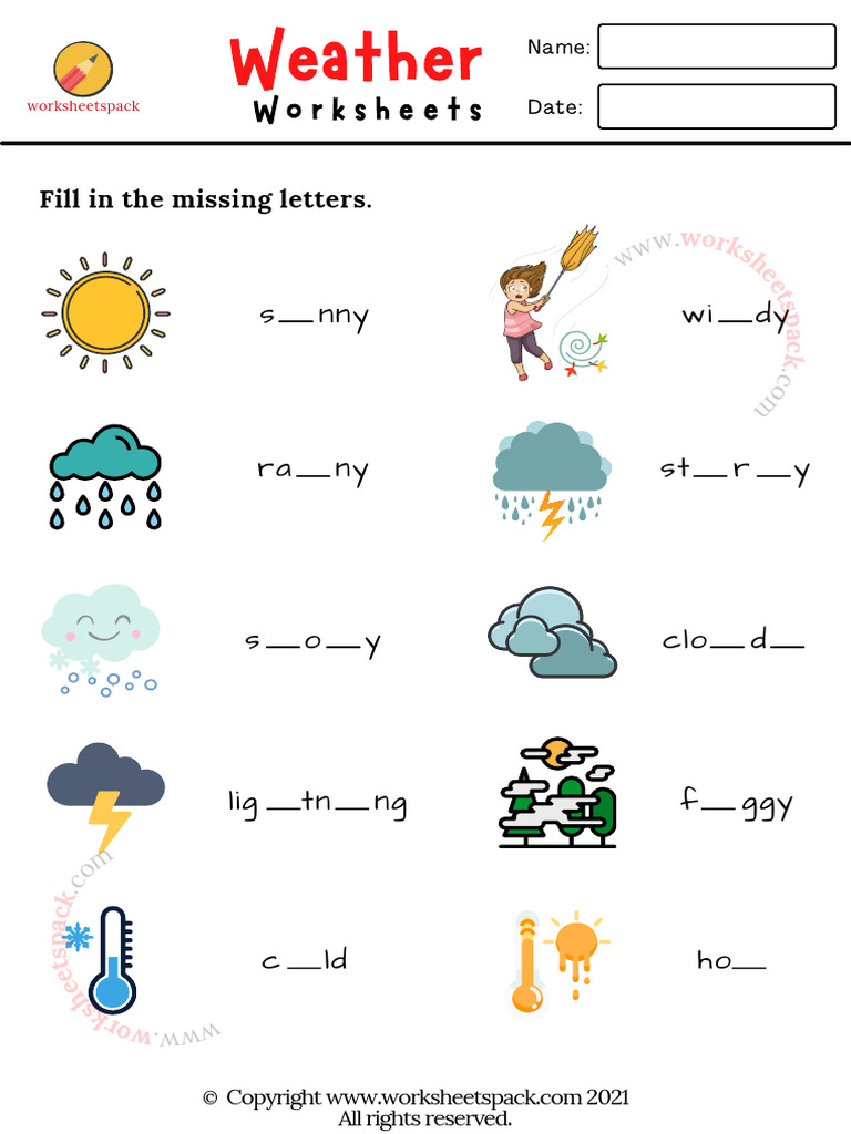 Weather Worksheets Fill in The Missing Letters | PDF