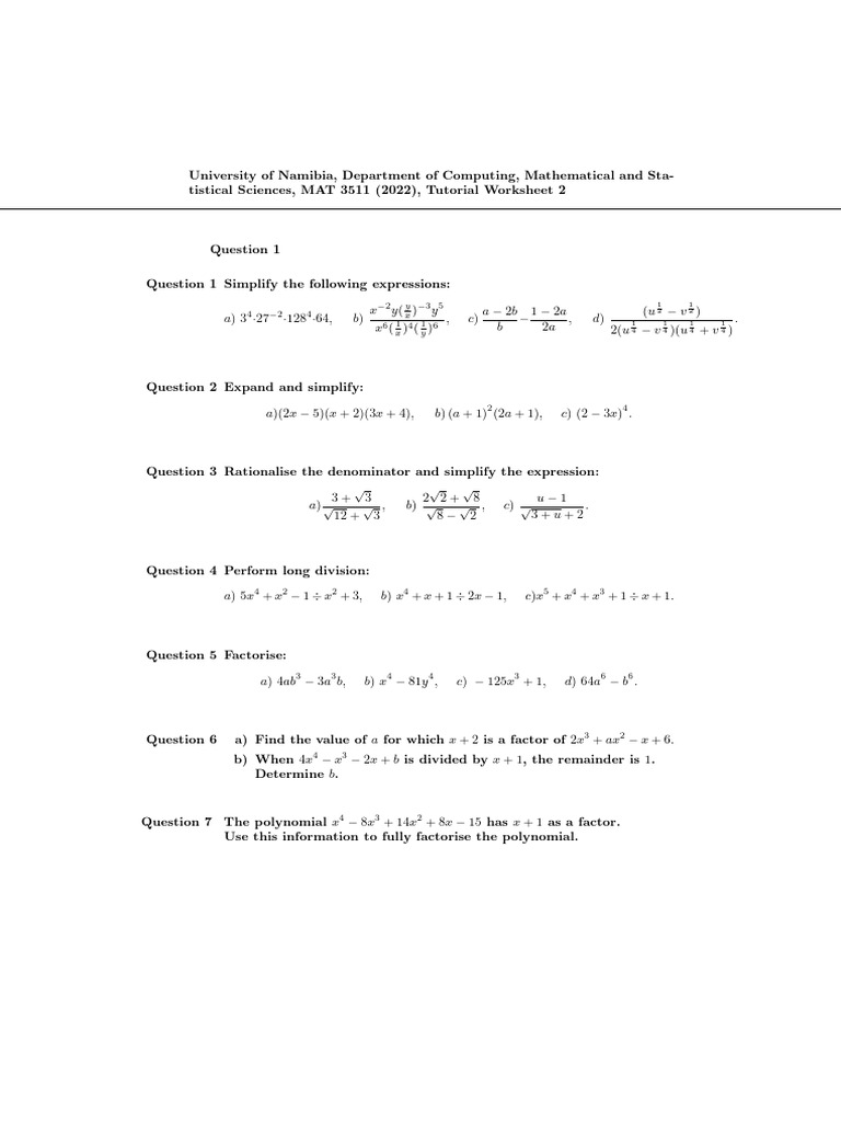 MAT 3511 Tutorial Worksheet 2 Solutions | PDF